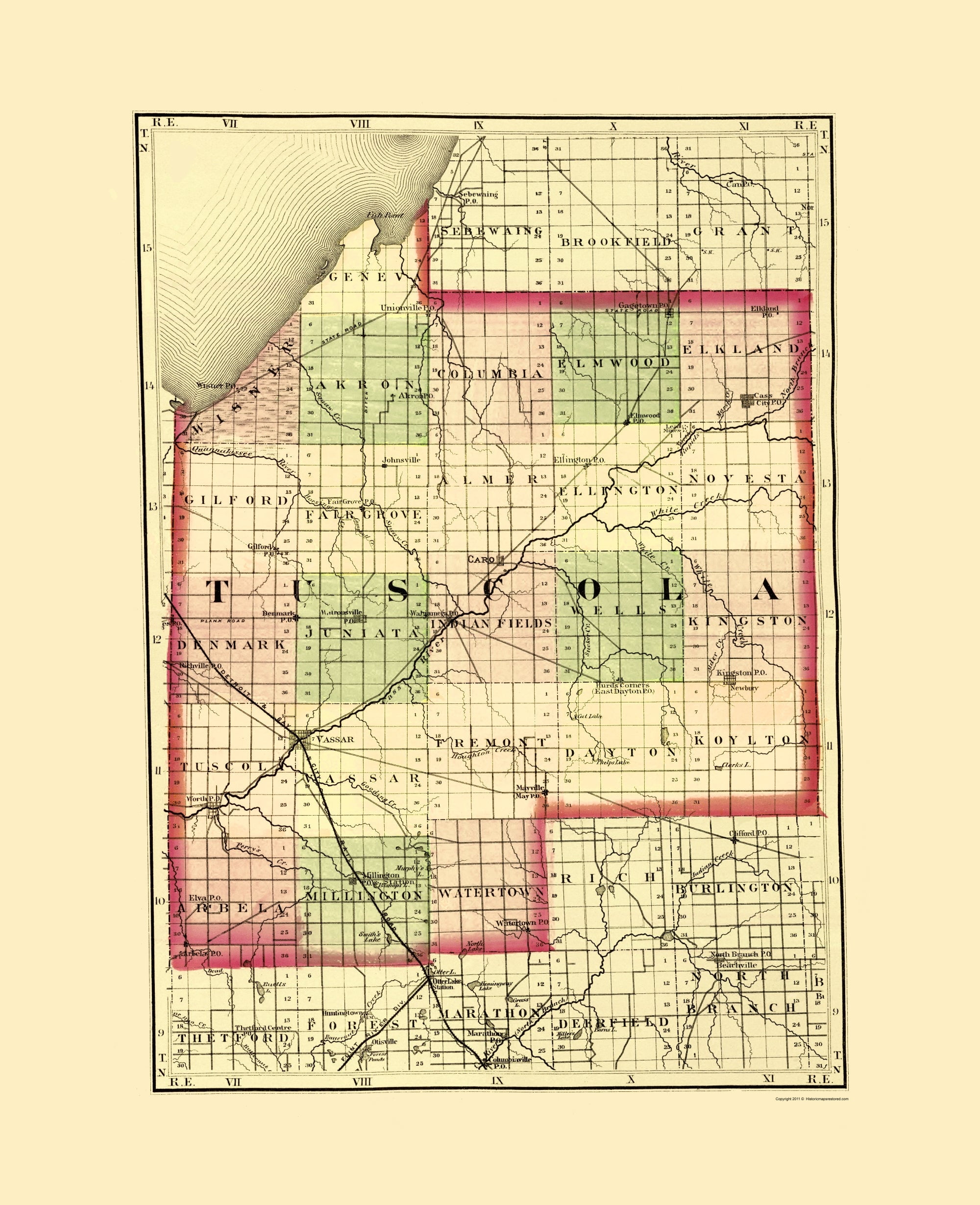 Historic County Map - Tuscola County Michigan - Walling 1873 - 23 x 28. ...