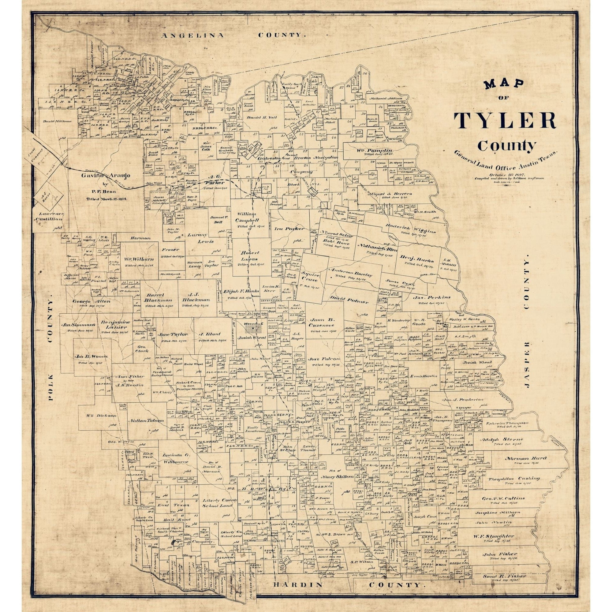 Historic County Map - Tyler County Texas - Rowe 1897 - 23 x 24.76 ...