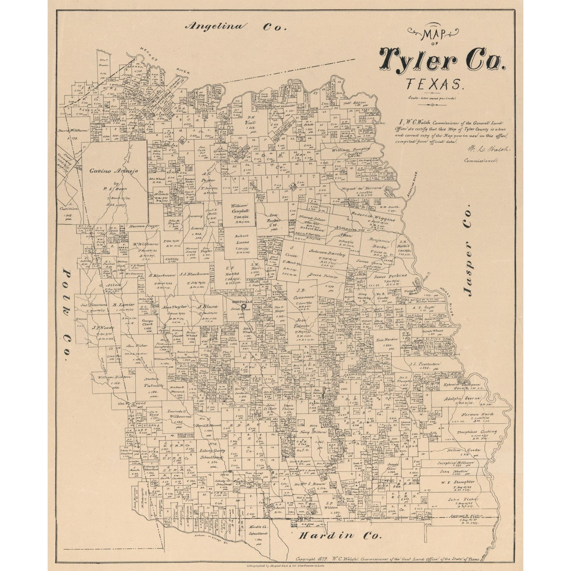 Historic County Map - Tyler County Texas - Walsh 1879 - 23 x 27.61 ...
