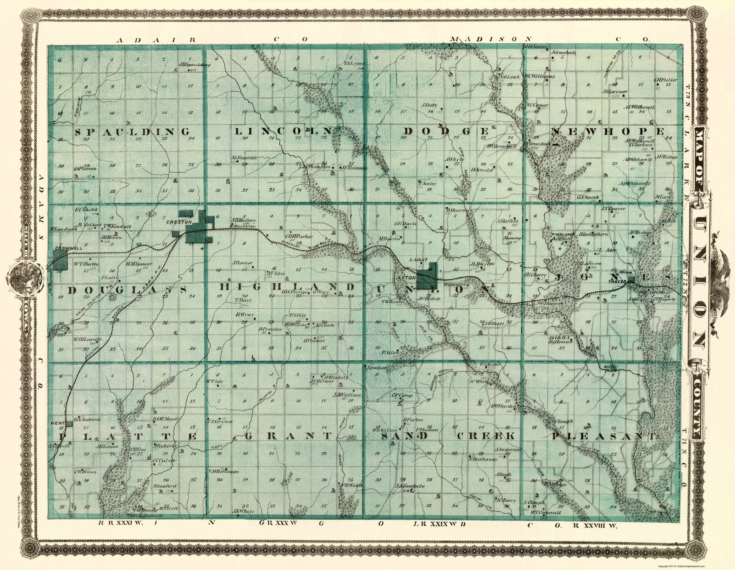 Historic County Map - Union County Iowa - Andreas 1874 - Vintage Wall ...