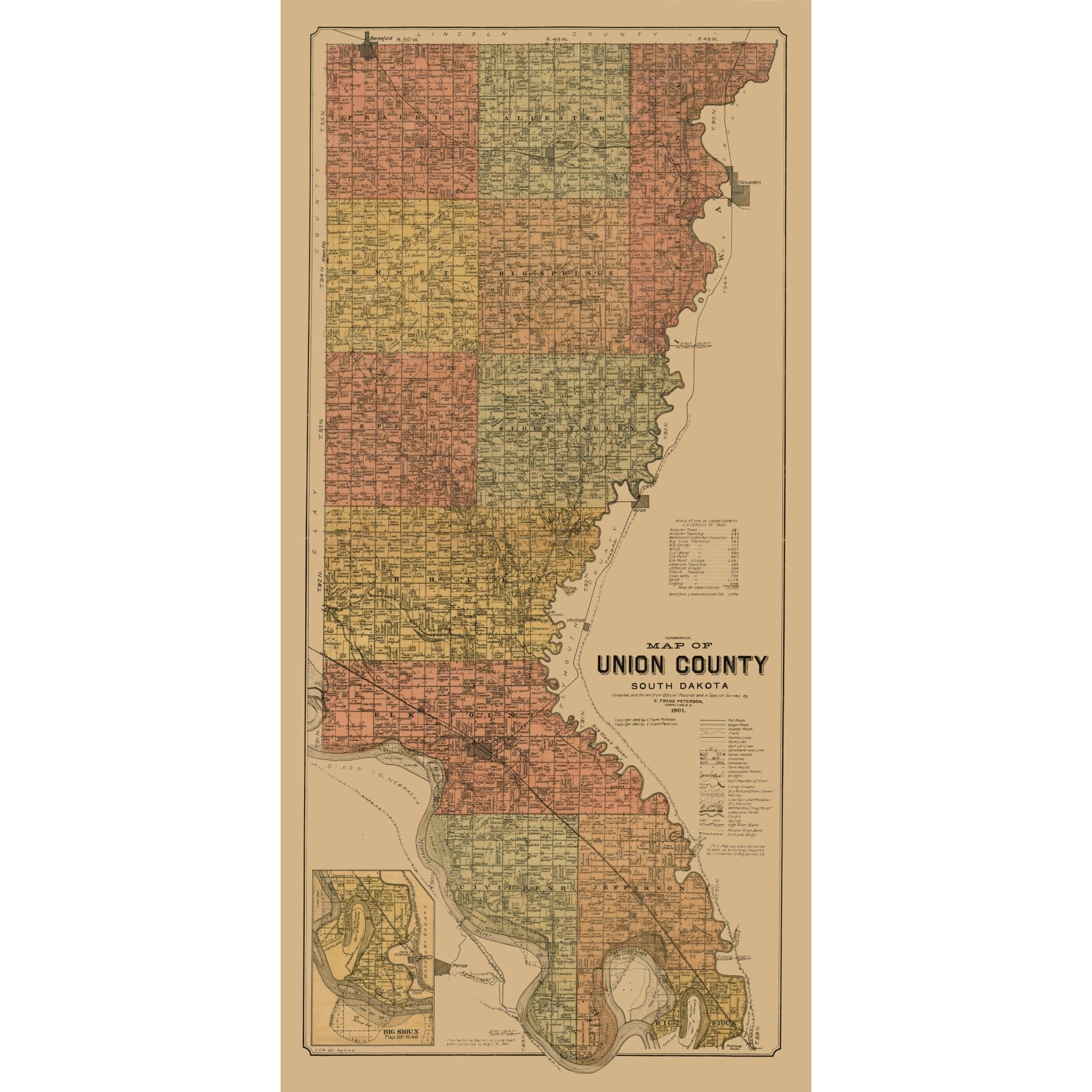 Historic County Map - Union County South Dakota - Peterson 1892 - 23 x ...