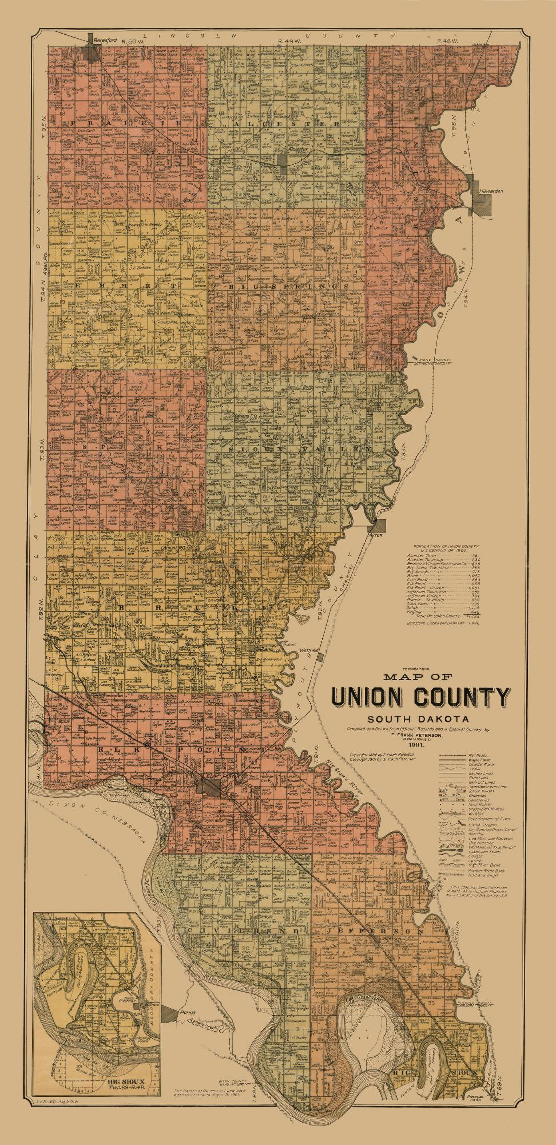 Historic County Map - Union County South Dakota - Peterson 1892 - 23 x ...