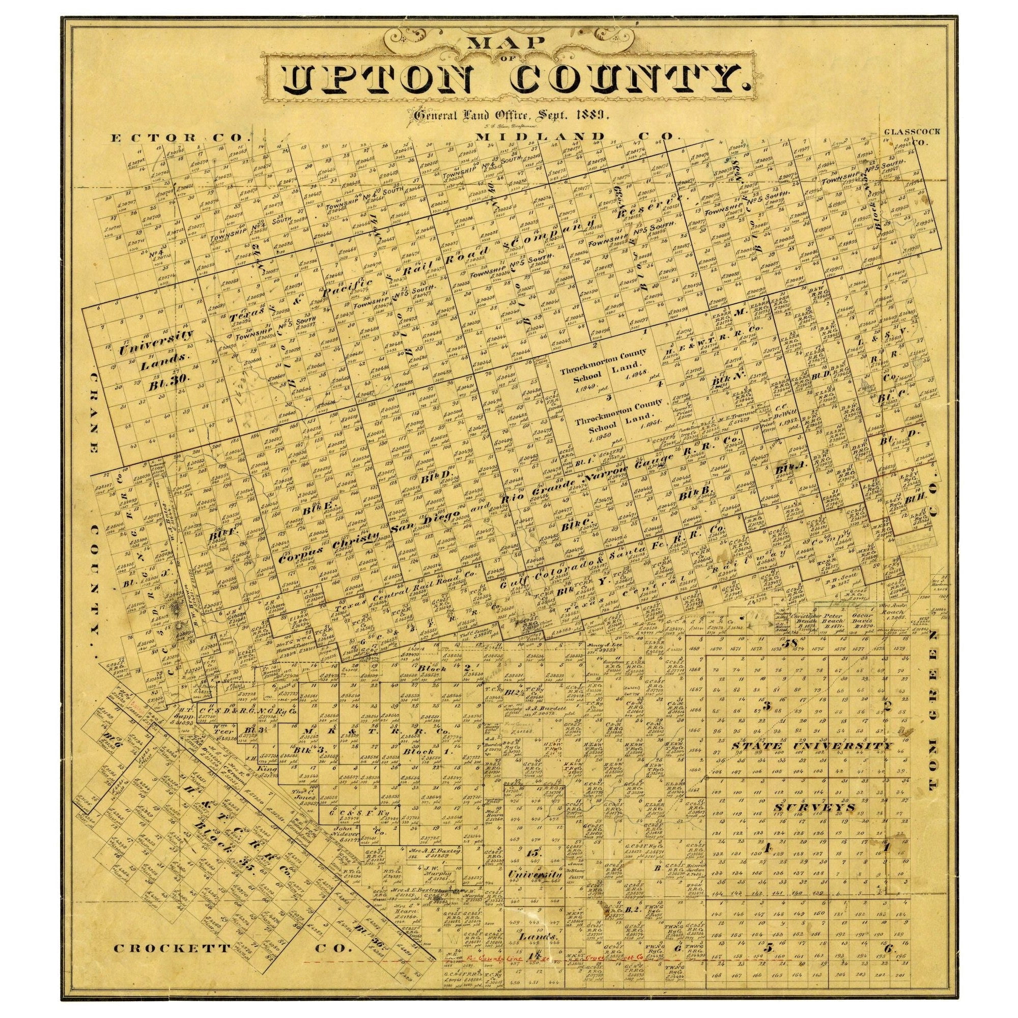 Historic County Map - Upton County Texas - Blau 1889 - Vintage Wall Art ...
