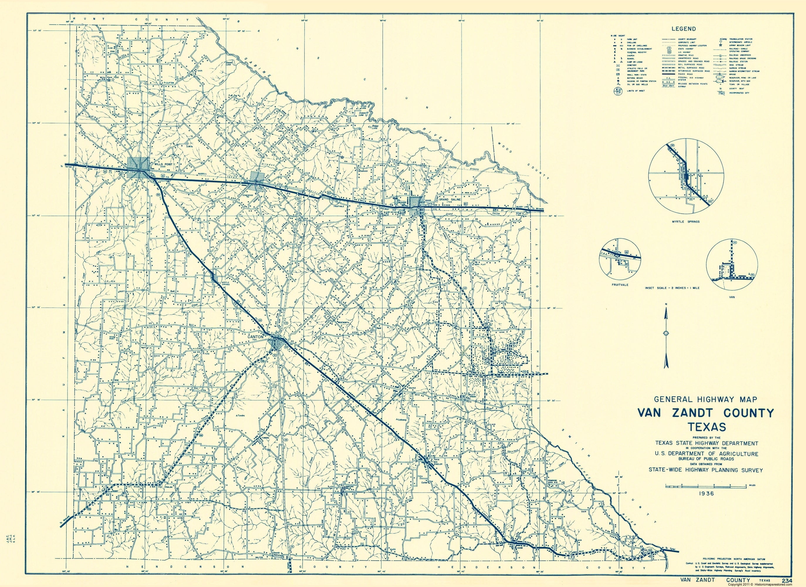Historic County Map- Van Zandt County Texas - Highway Department 1936 ...