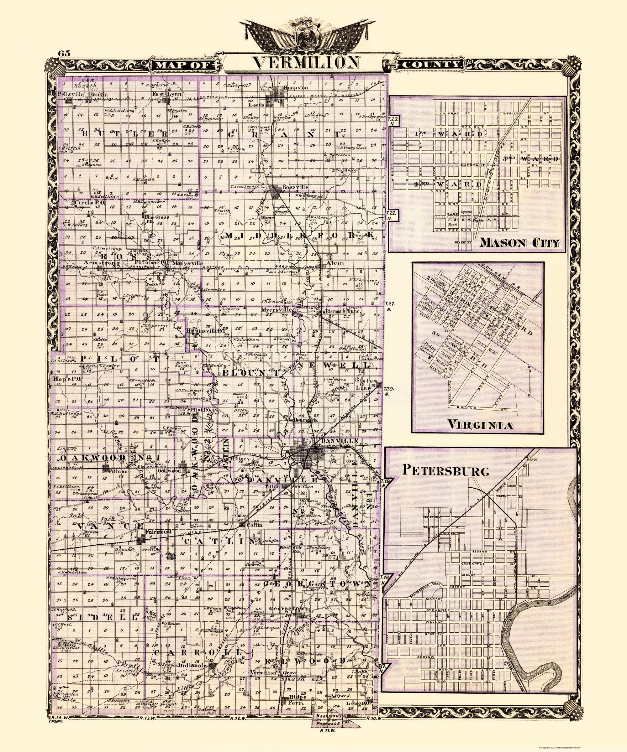 Historic County Map - Vermilion County Illinois - Warner 1870 - 23 x 27 ...