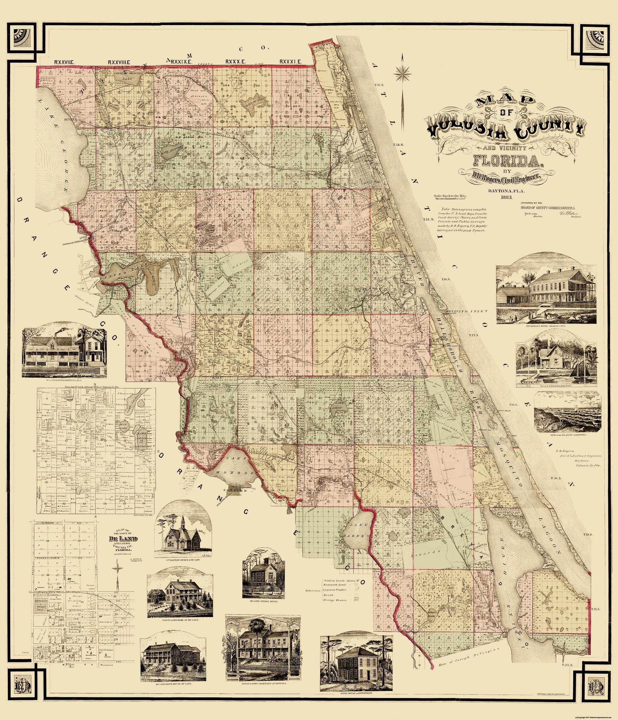 Historic County Map - Volusia County Florida - Rogers 1883 - 23 x 26.75 ...
