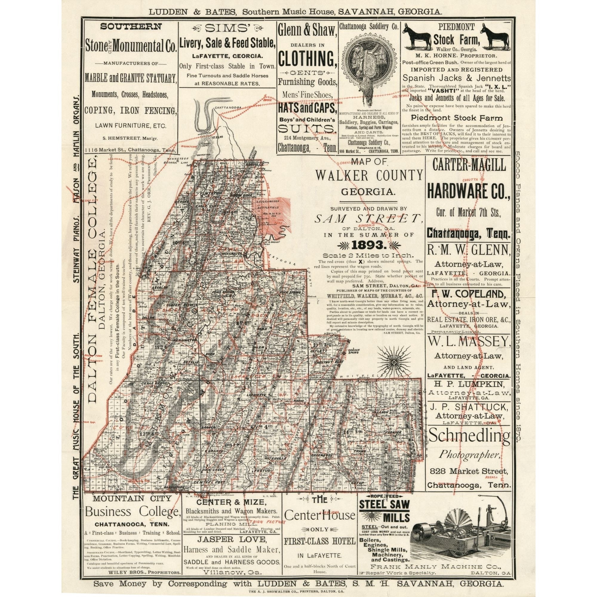 Historic County Map - Walker County Georgia - Street 1893 - Vintage ...