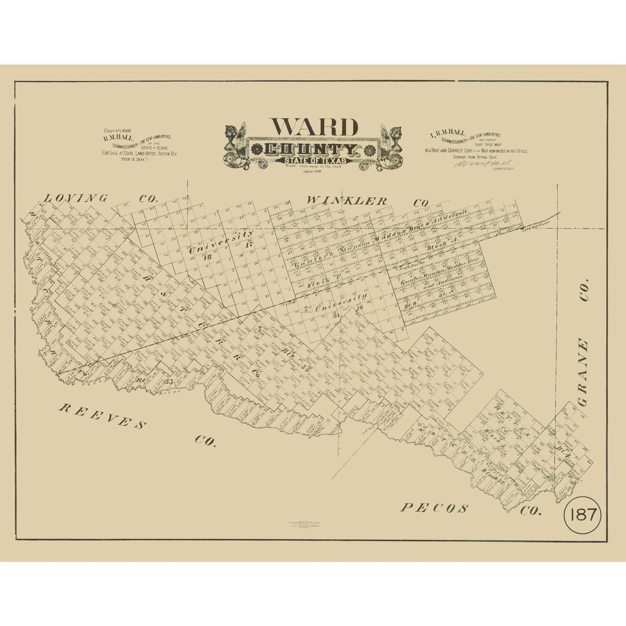 Historic County Map - Ward County Texas - Hall 1888 - 28.95 x 23 ...