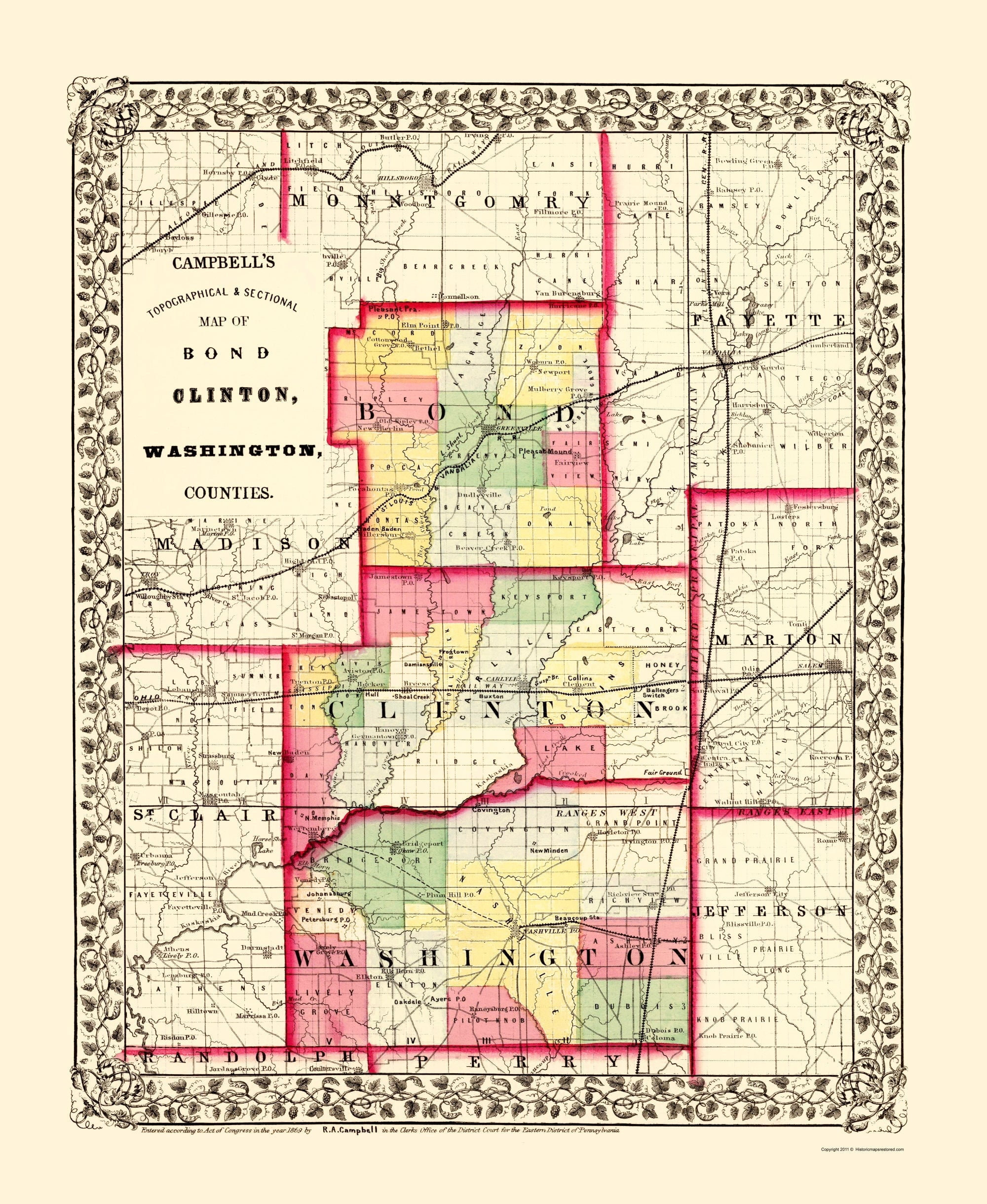 Historic County Map - Washington Bond Clinton Counties Illinois ...