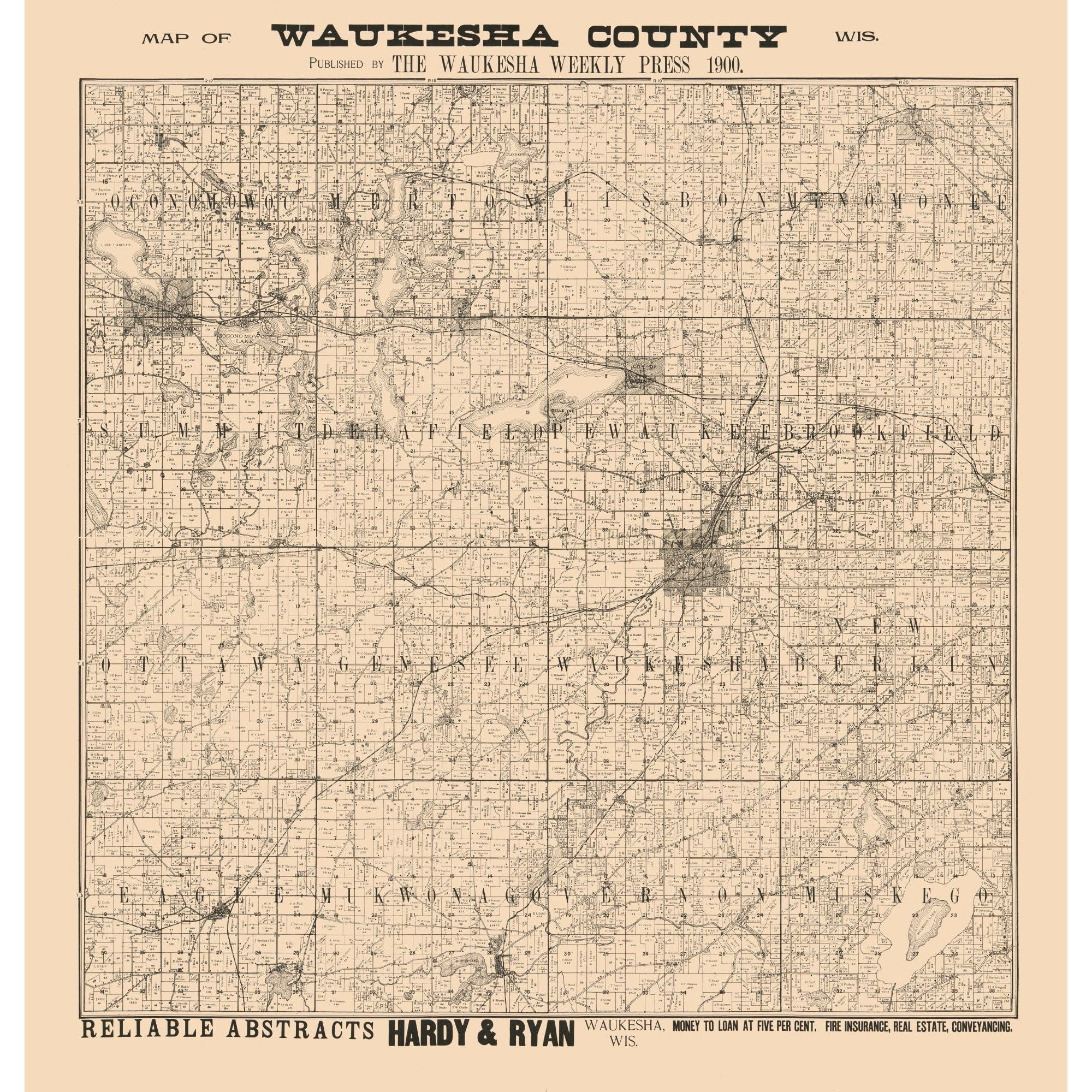 Historic County Map - Waukesha County Wisconsin - Hardy 1900 - 23 x 24. ...