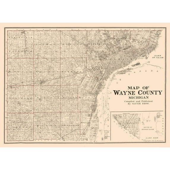 Historic County Map - Wayne County Michigan - Sauer 1915 - 31.38 x 23 ...