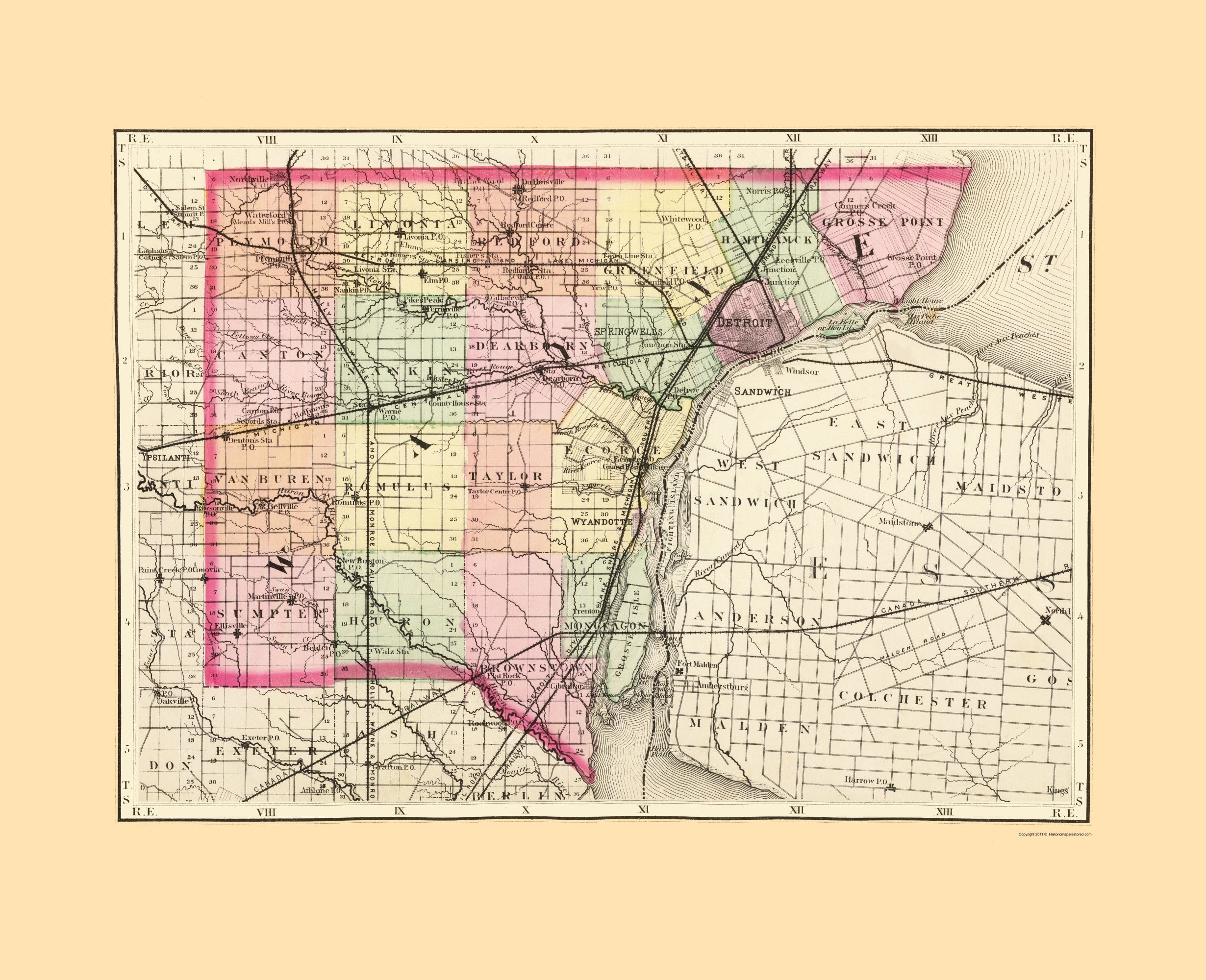 Historic County Map - Wayne County Michigan - Walling 1873 - 23 x 28.30 ...