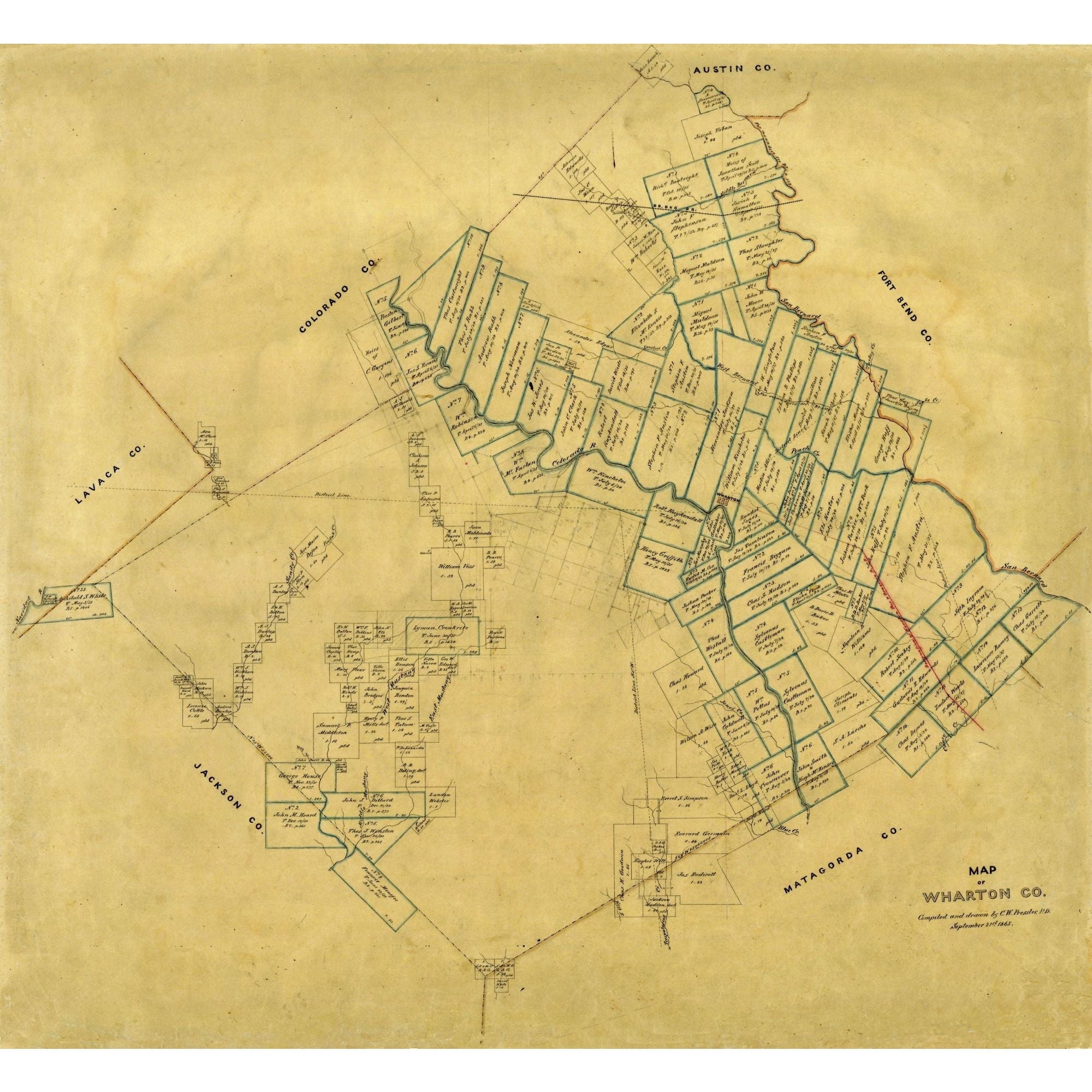 Historic County Map - Wharton County Texas - Pressler 1865 - 24.99 x 23 ...