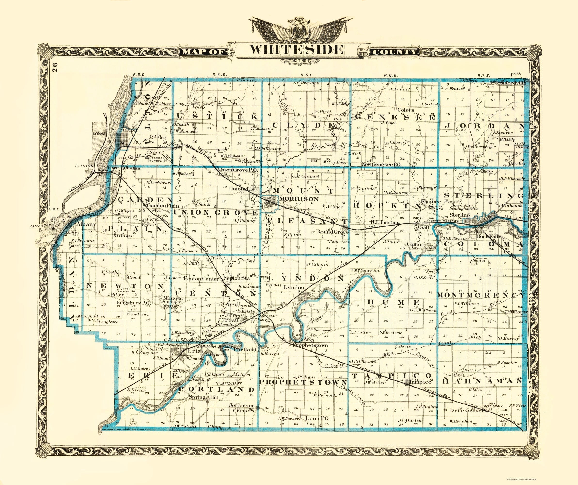 Historic County Map - Whiteside County Illinois - Warner 1870 - 23 x 27 ...