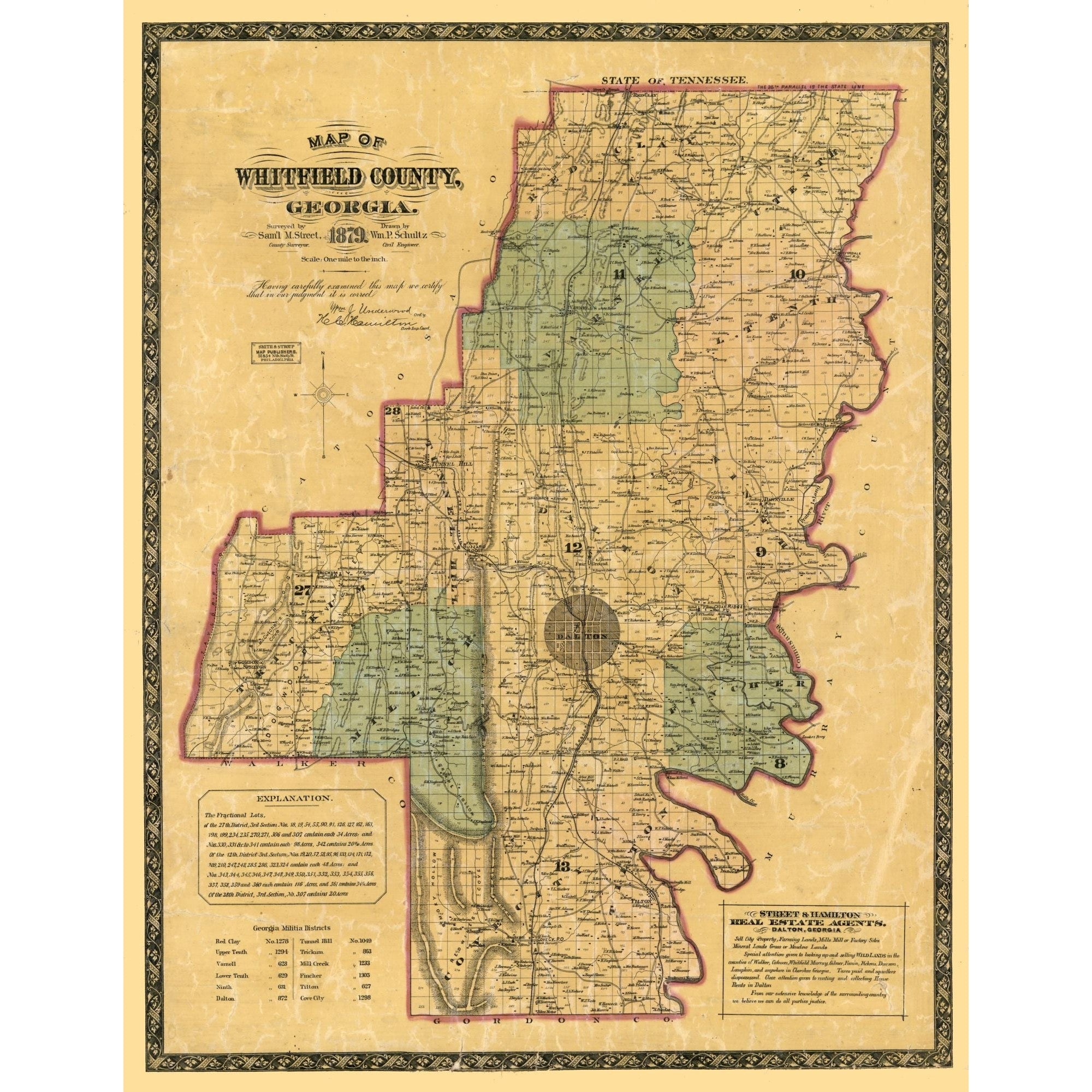 Historic County Map - Whitfield County Georgia - Schultz 1879 - 23 x 28 ...