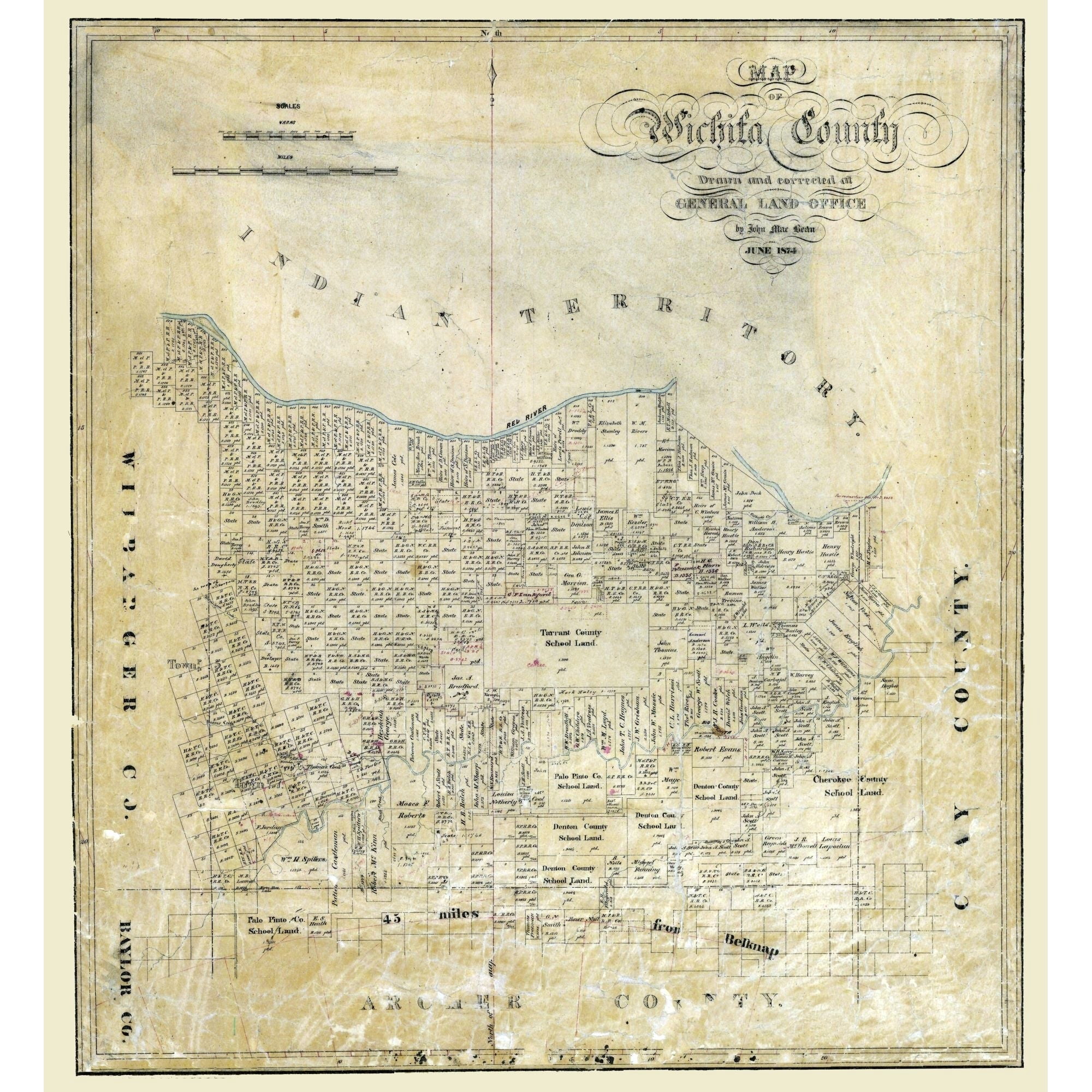 Historic County Map - Wichita County Texas - Bean 1874 - 23 x 25.01 ...