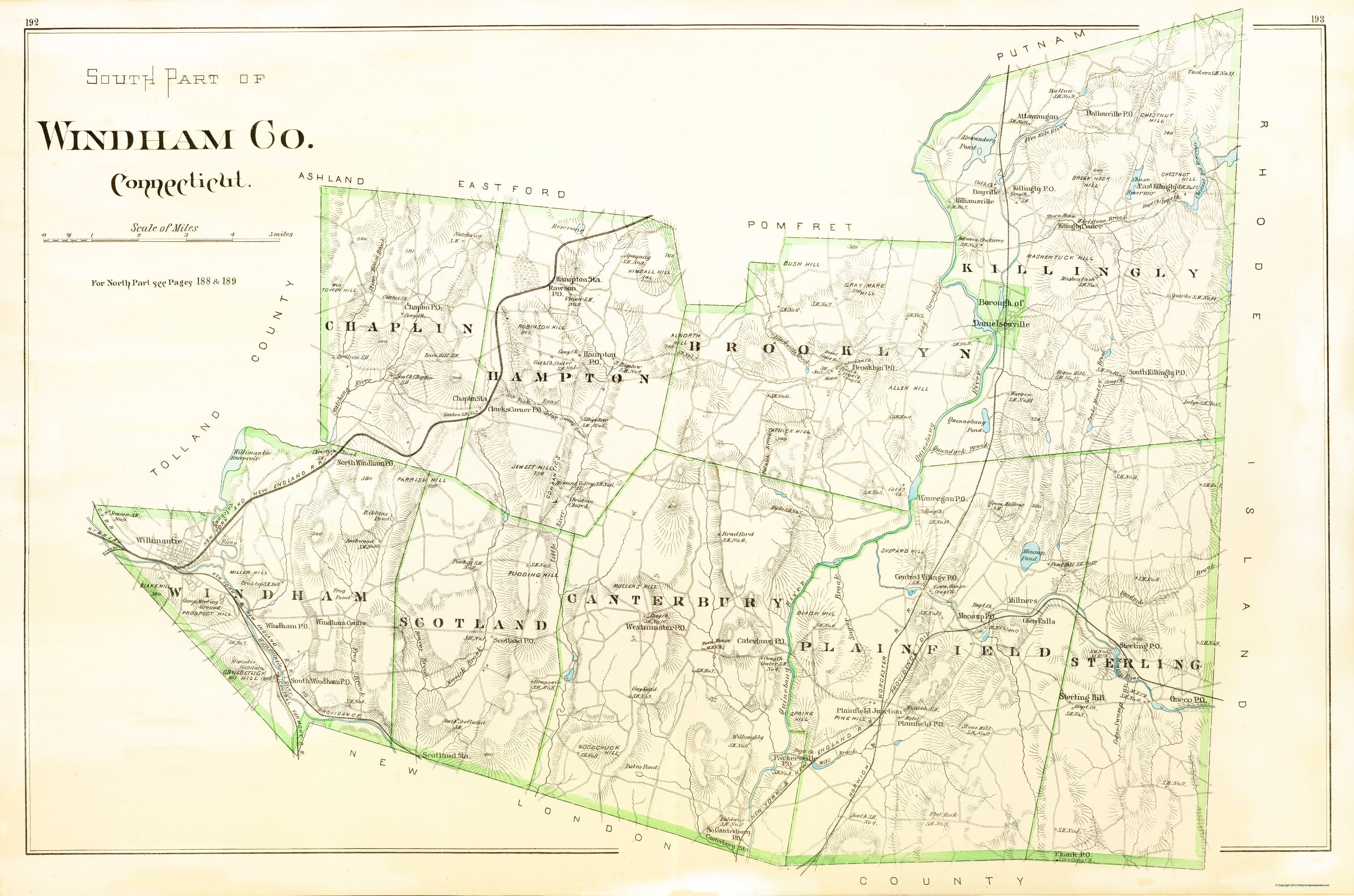 Historic County Map - Windham County South Connecticut - Hurd 1851 ...