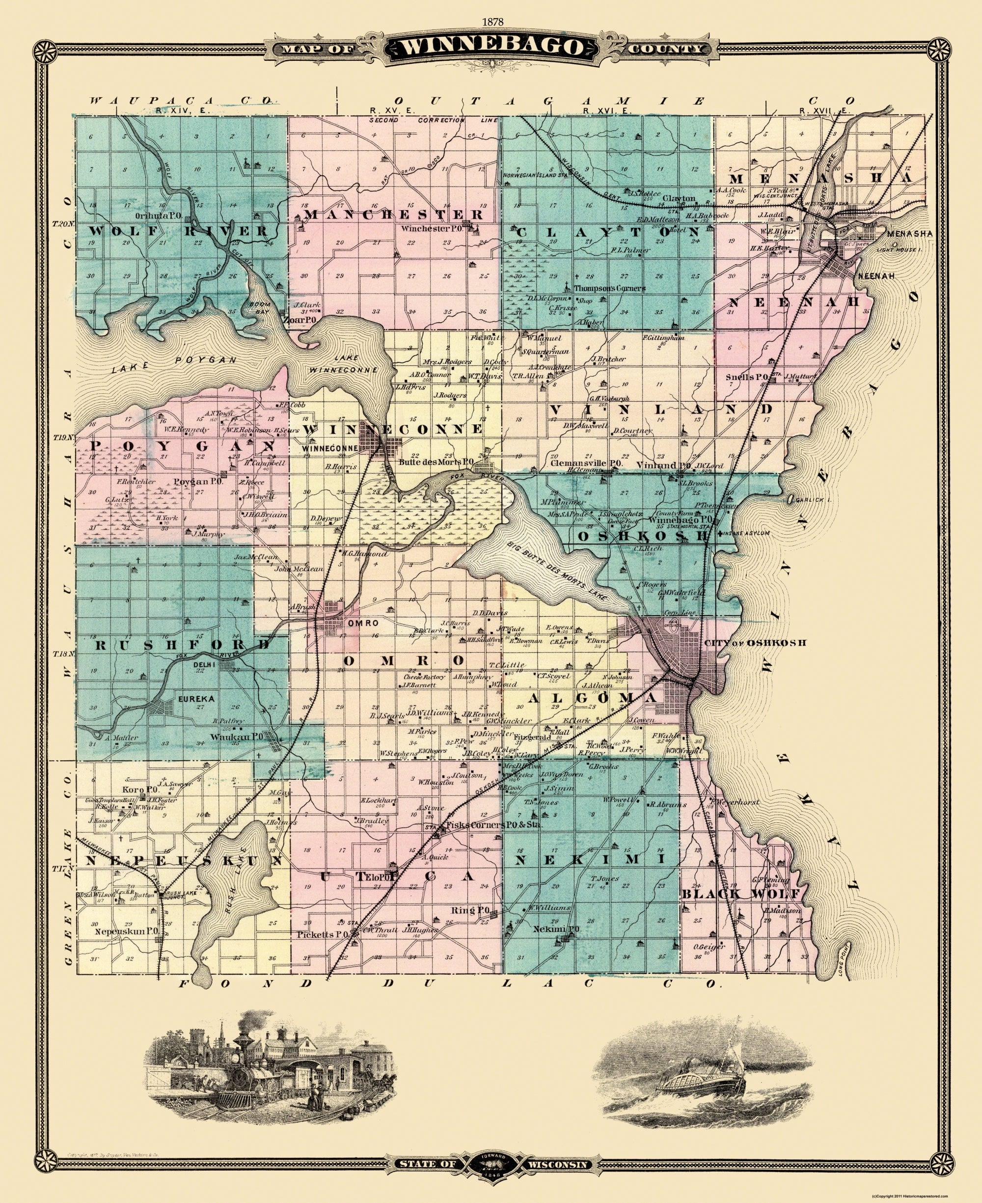 Historic County Map - Winnebago County Wisconsin - Snyder 1878 ...