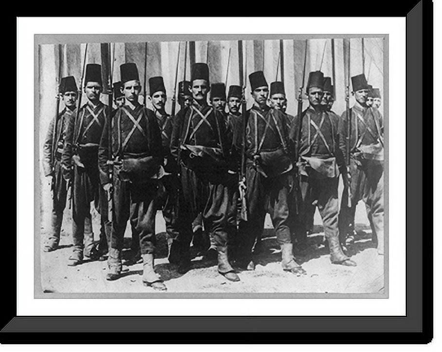 Historic Framed Print, 18 Turkish soldiers posed, standing, with rifles ...