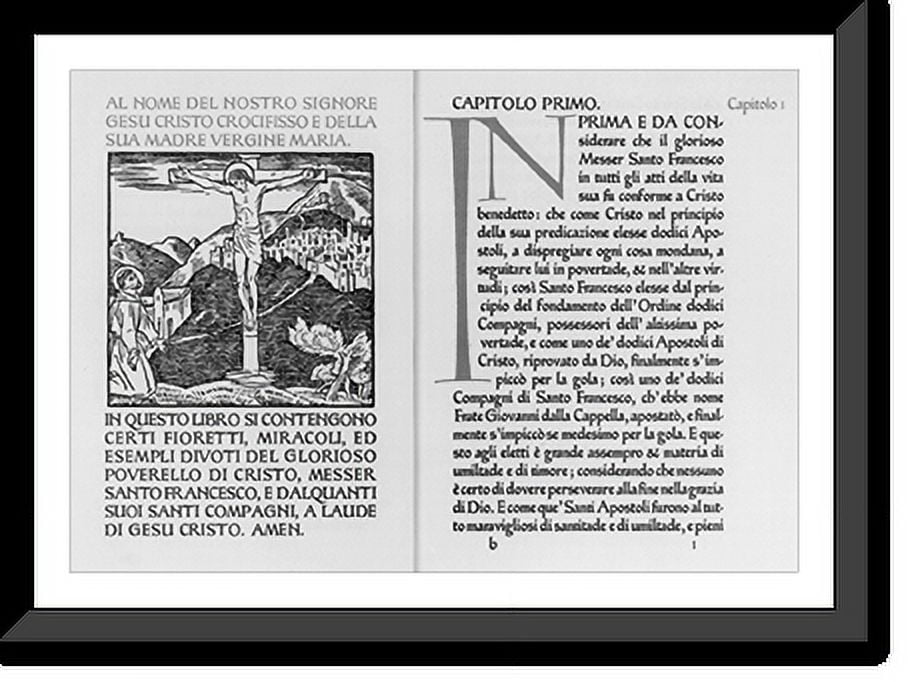 Historic Framed Print, [2 pages of text with illus. of St. Francis of ...