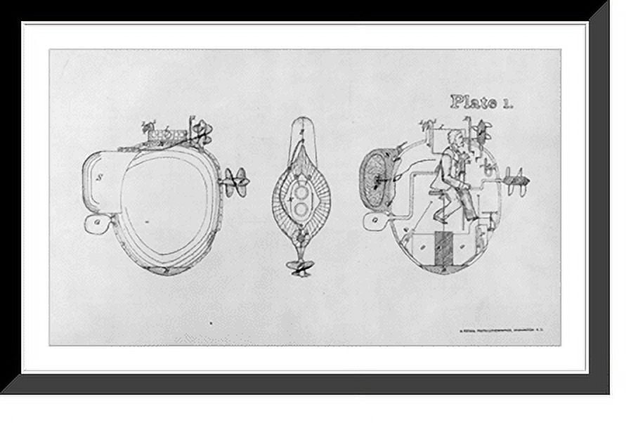Historic Framed Print, [3 cutaway views of one-man submarine], 17-7/8 ...