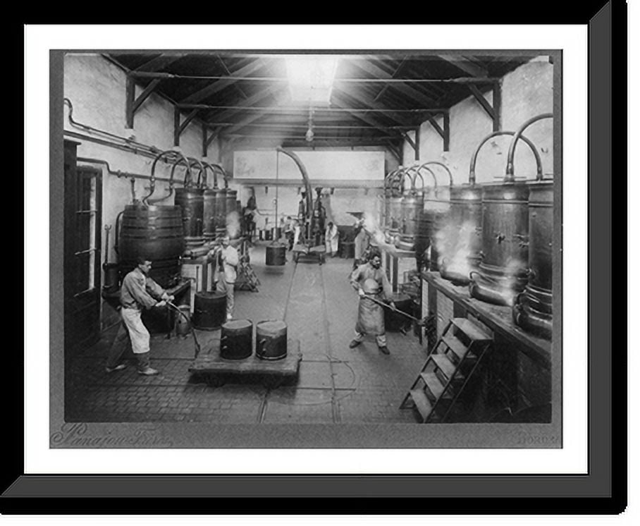 Historic Framed Print, [6 men working in distillation room of Marie ...
