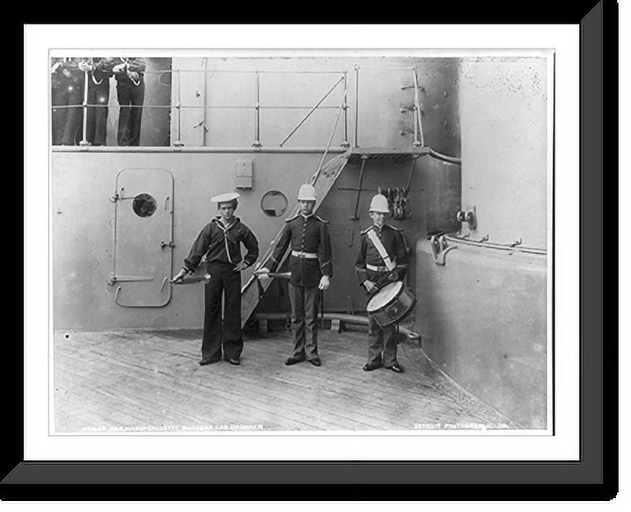 Historic Framed Print, [A Navy bugler, a Marine bugler and a Marine ...