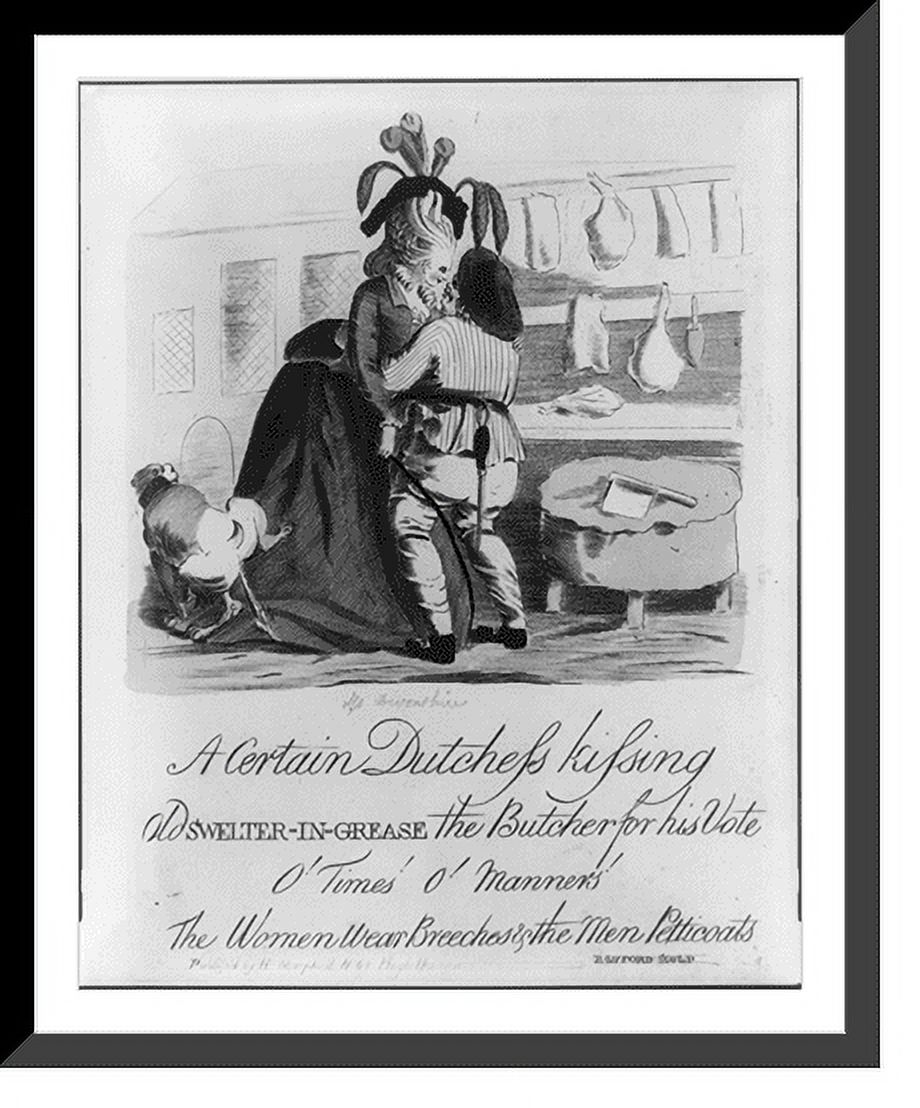 Historic Framed Print, A certain Dutchess kissing old Swelter-in-Grease ...