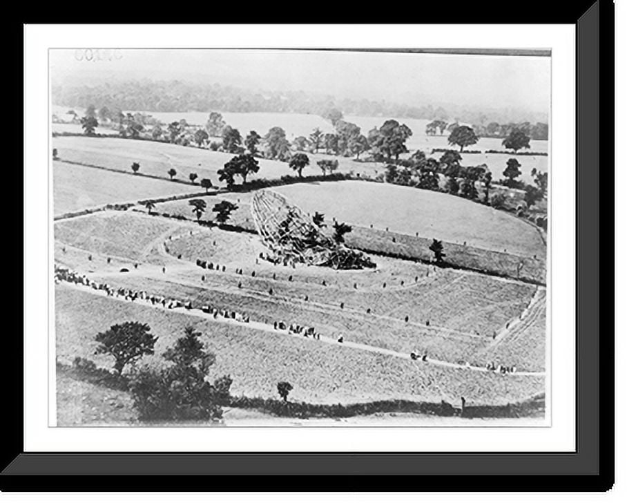 Historic Framed Print, [Aerial view of wrecked shell of Zeppelin in ...