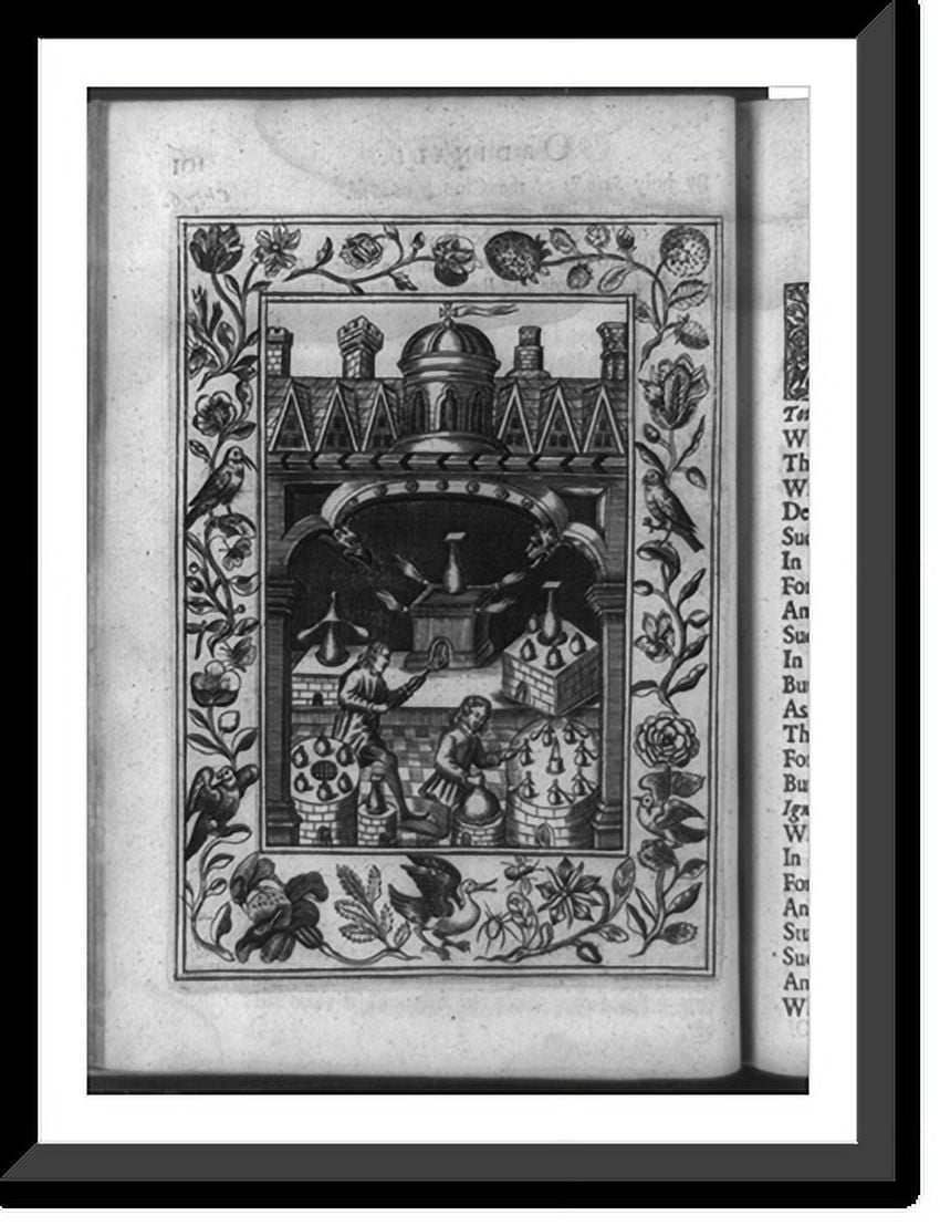Historic Framed Print, [Alchemist and assistant in laboratory, with surrounding border of birds ...