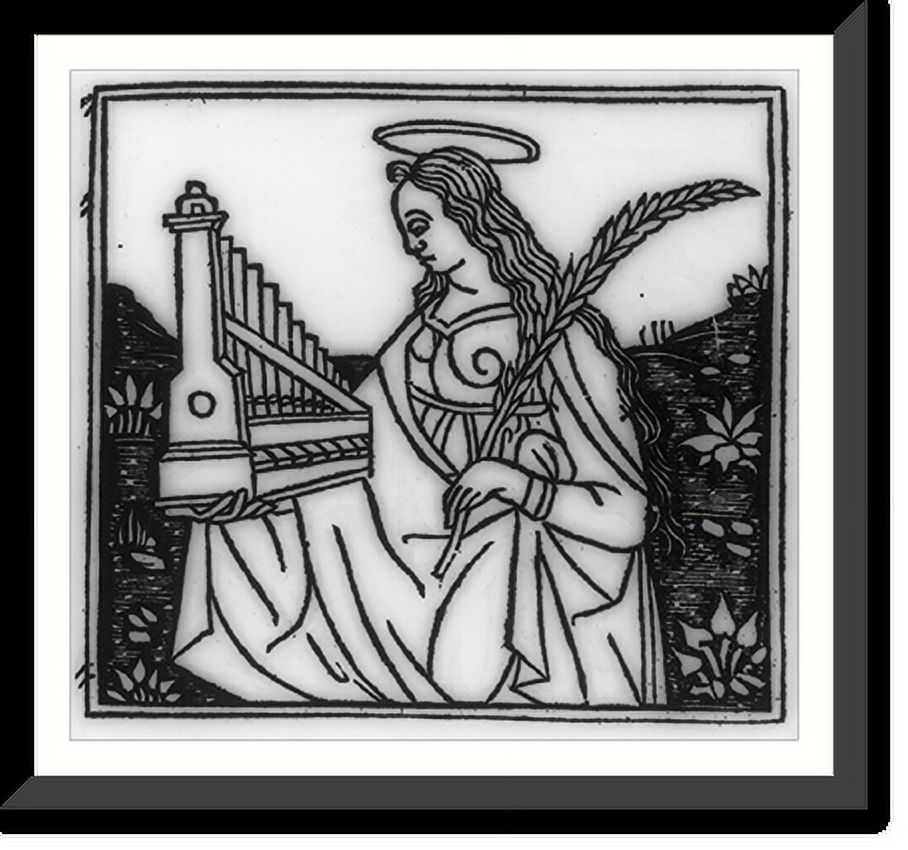 Historic Framed Print, [Angel holding small pipe organ in one hand and ...