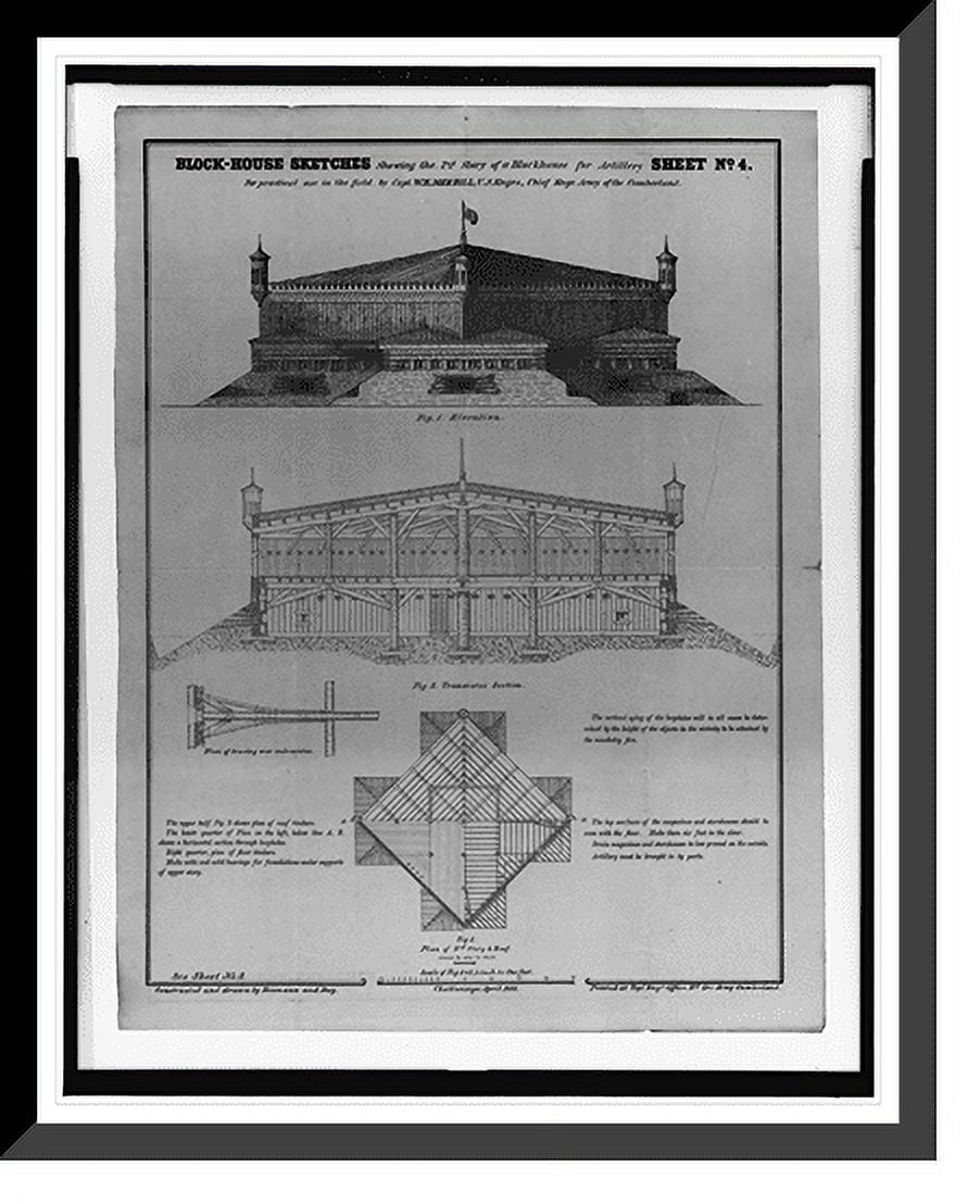 Historic Framed Print, Architectural drawing for a blockhouse ...
