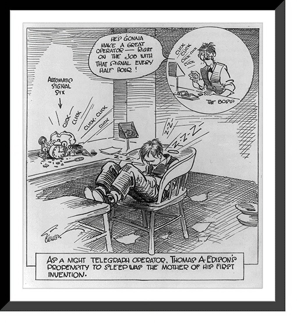 Historic Framed Print, As a night telegraph operator, Thomas A. Edison ...