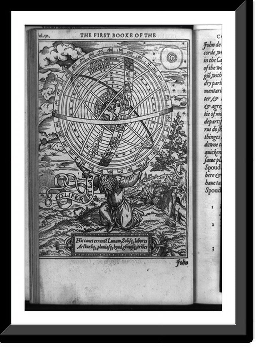 Historic Framed Print, [Atlas, dressed like an ancient king, holding ...