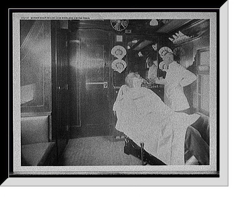 Historic Framed Print, Barber shop on a deluxe overland limited train ...