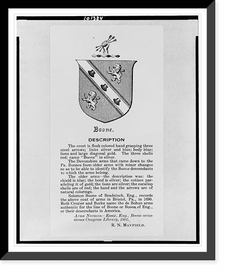 Historic Framed Print, [Boone family coat of arms with text description ...