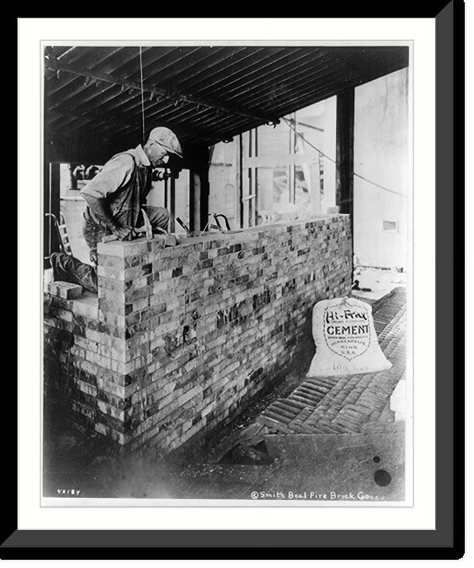 Historic Framed Print, Bricklayer at work; sack of cement prominently ...