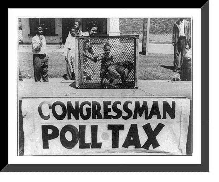 Historic Framed Print, [Caged monkey on platform with sign reading ...