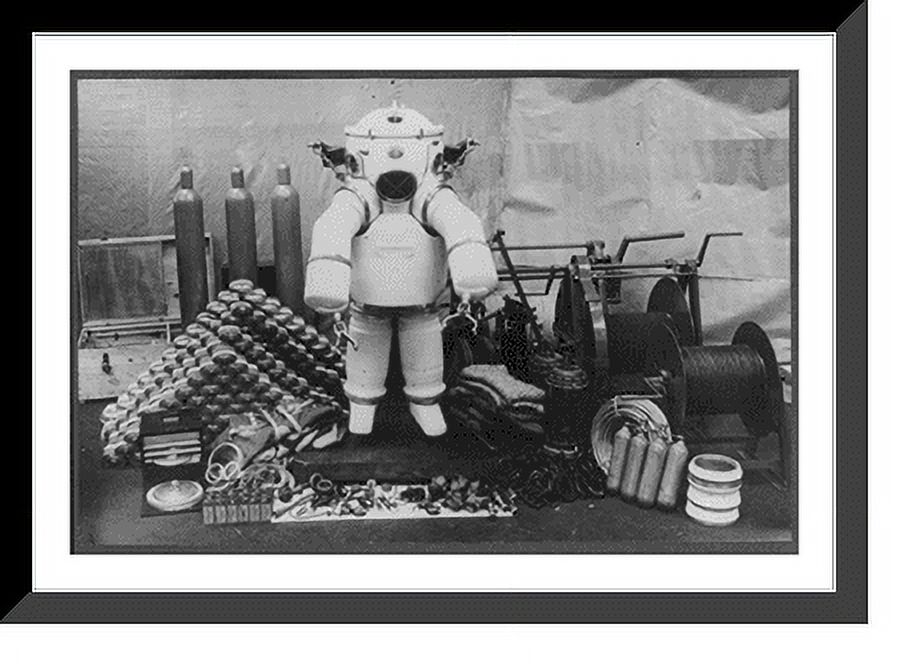 Historic Framed Print, Complete apparatus. [Deep sea] diver with ...