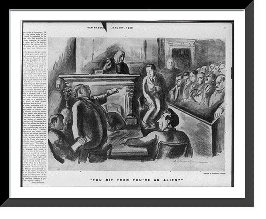 Historic Framed Print, [Courtroom scene: prosecutor pointing finger at ...