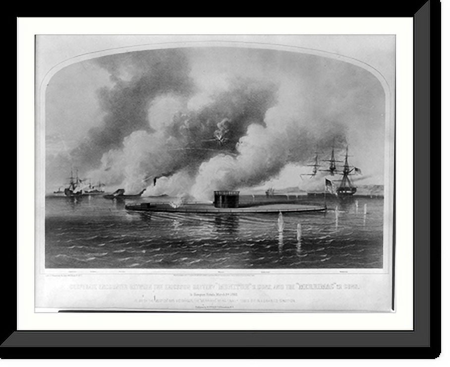 Historic Framed Print, Desperate encounter between the Ericsson battery ...