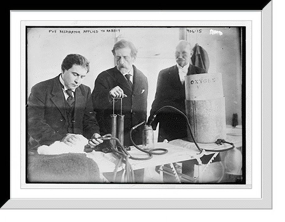 Historic Framed Print, Doctors applying Poe respirator to rabbit on ...