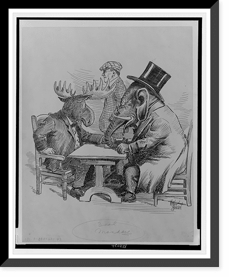 Historic Framed Print, [Elephant in top hat and suit talking to bull ...