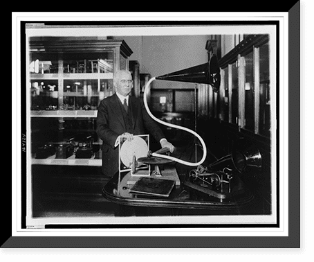 Historic Framed Print, [Emile Berliner, with the model of the first ...
