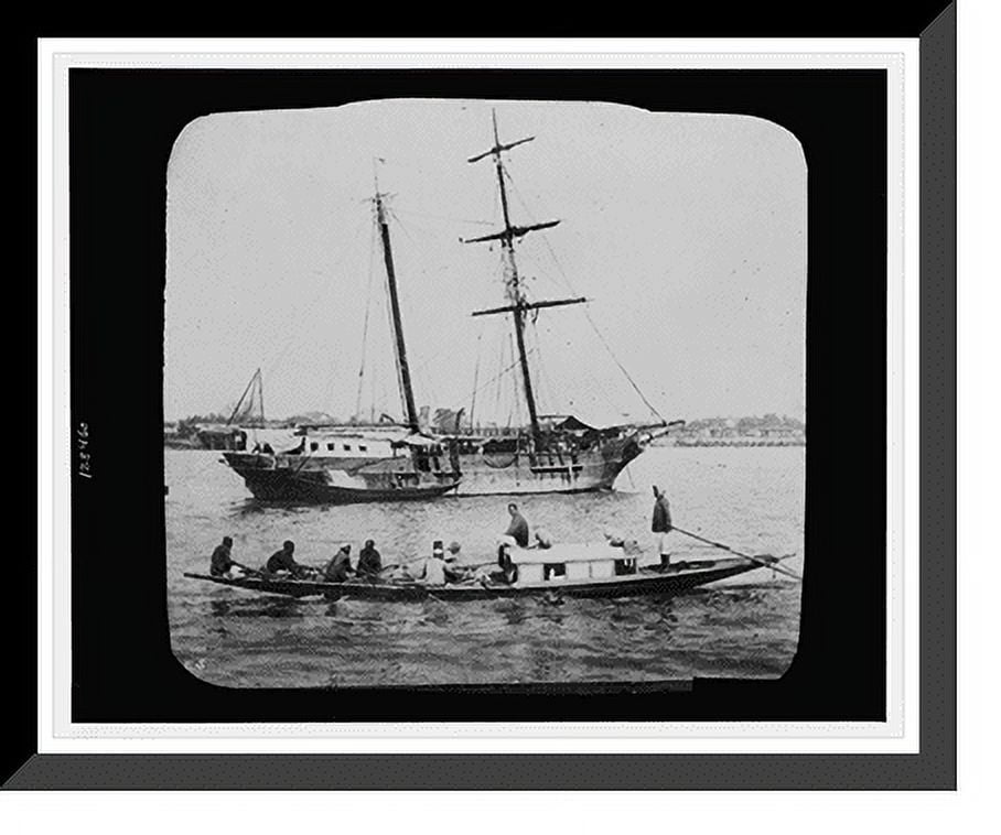 Historic Framed Print, [Fast river passenger boat with brigantine ship ...