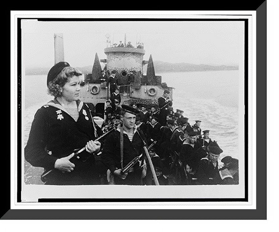 Historic Framed Print, [Female Soviet sailor, holding a gun, on board a ...
