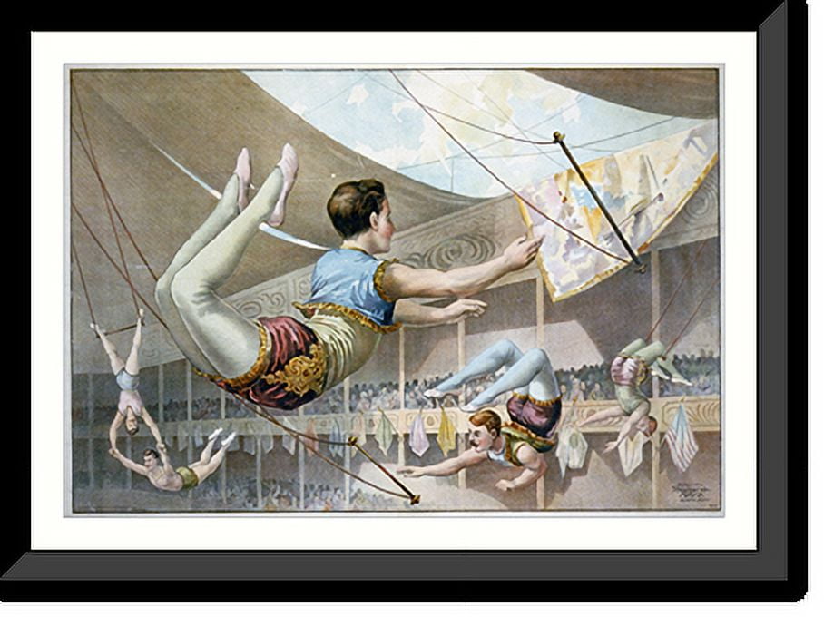Historic Framed Print, [Five male trapeze artists performing at a ...