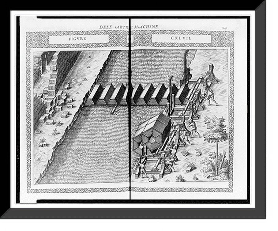 Historic Framed Print, [Folding bridge - two views, top extended across ...