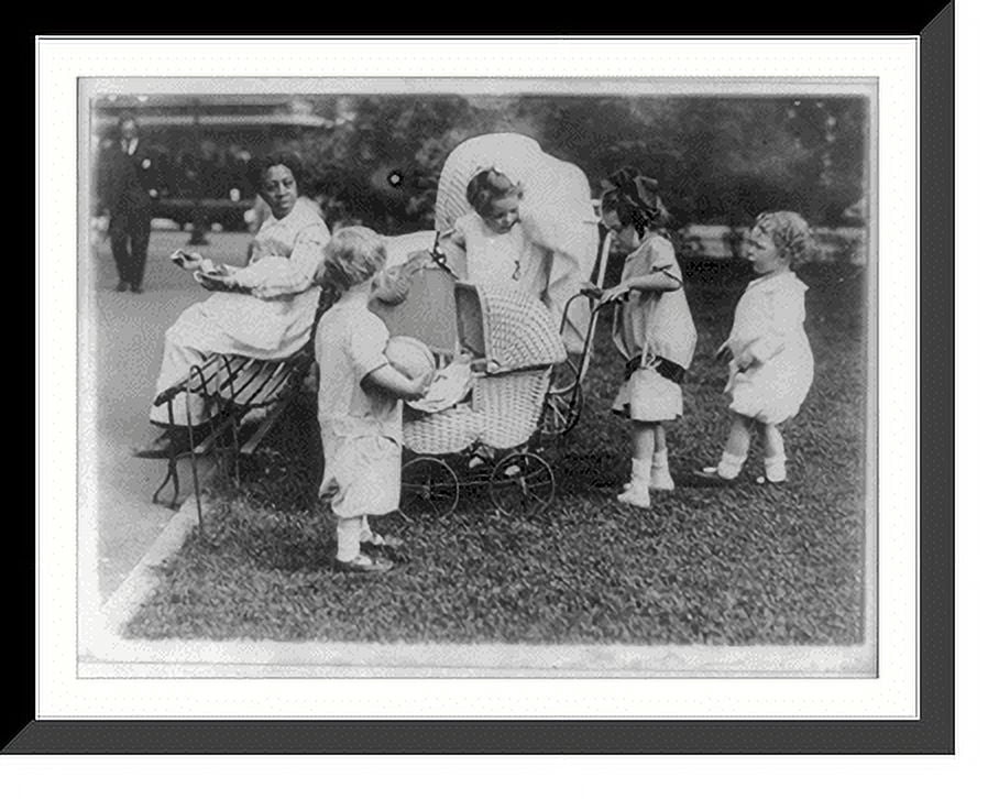 Historic Framed Print, [Four small children playing with baby carriages ...