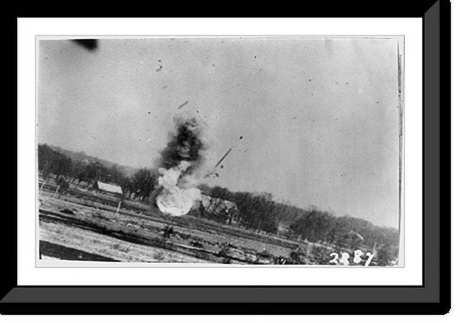 Historic Framed Print, [German airplane exploding as it hits the ground ...